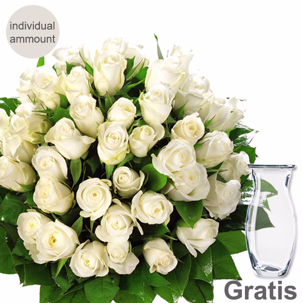 Individual white roses with vase - Send flowers online with FloraPrima.de